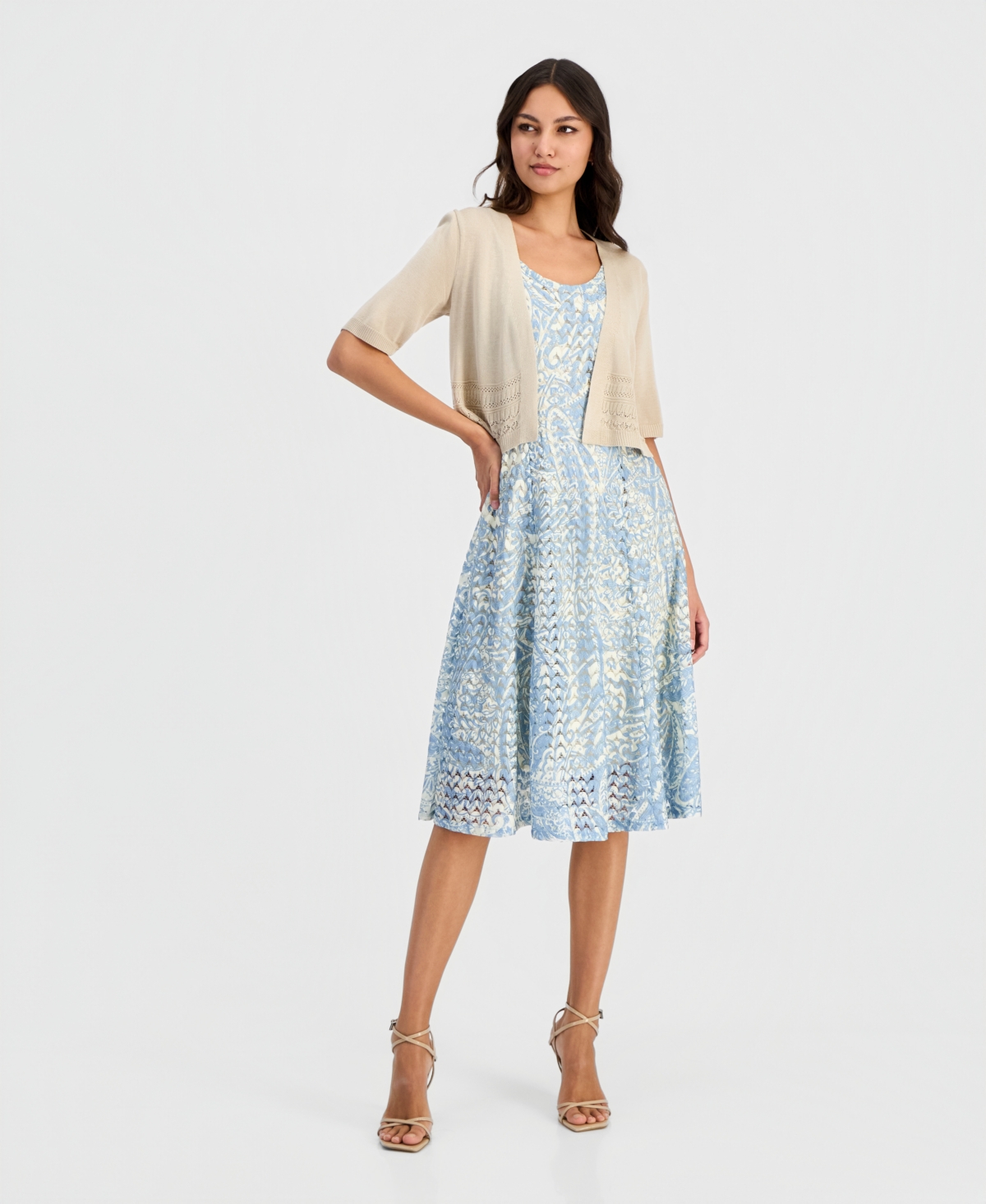 Click here for Robbie Bee Womens Printed Crochet A-Line Dress & S... prices