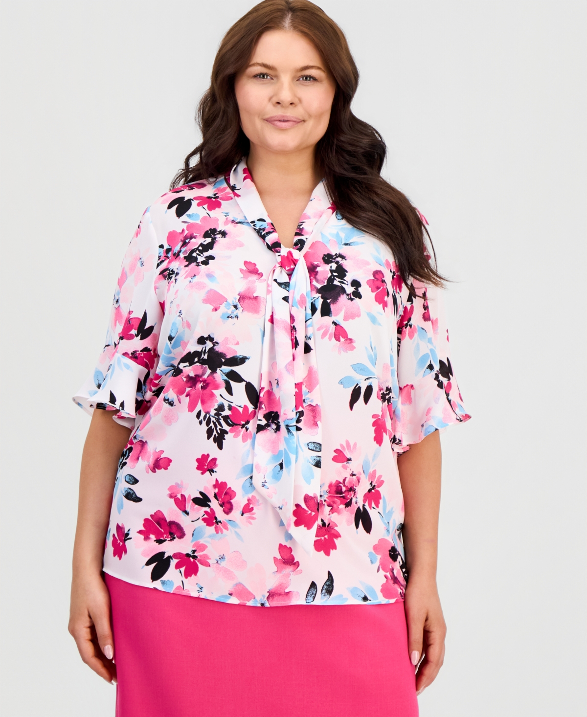 Click here for Kasper Plus Size Printed Short-Sleeve Tie-Neck Top... prices