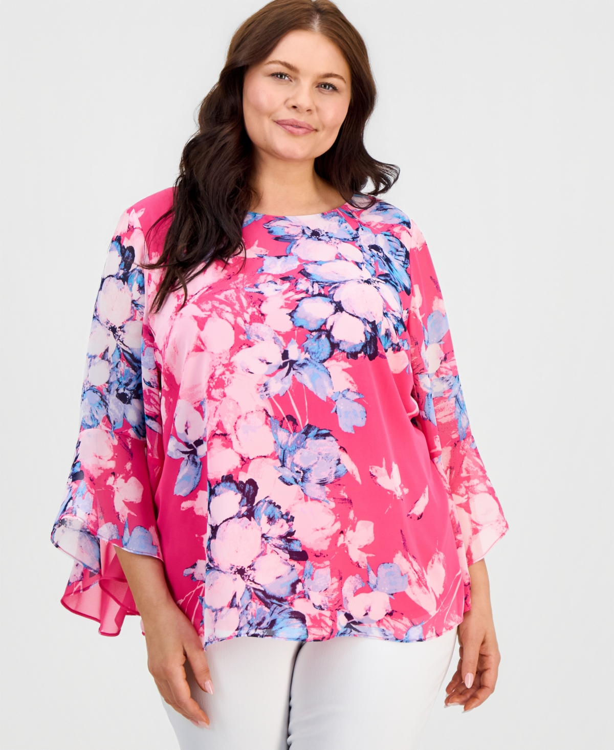 Click here for Kasper Plus Size Printed Ruffled 3/4-Sleeve Top -... prices
