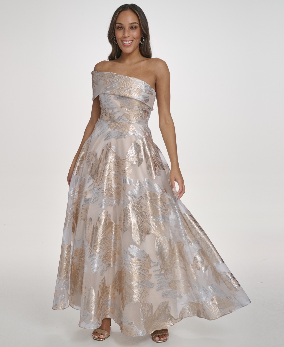 Click here for Eliza J Petite One-Shoulder Ball Gown - Champagne prices
