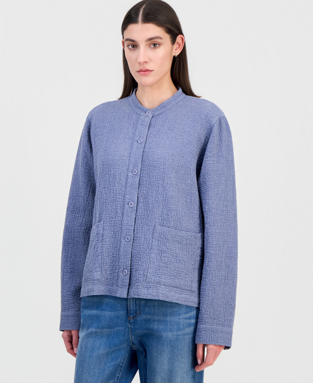 Click here for Eileen Fisher Womens Cotton-Blend Mandarin Collar... prices