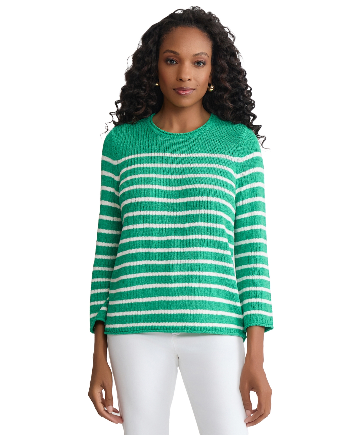 Click here for Jones New York Petite Striped Open Crewneck Sweate... prices