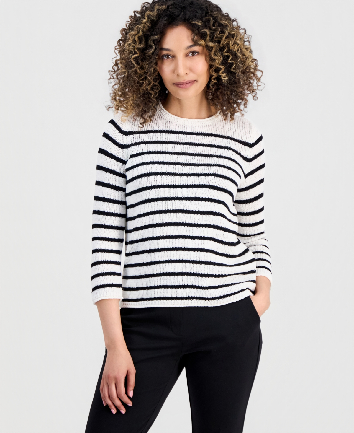 Click here for Jones New York Petite Striped Open Crewneck Sweate... prices