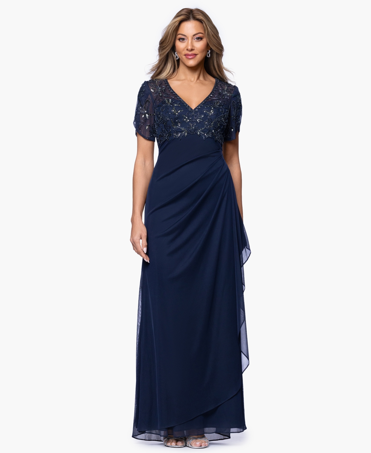 Click here for Xscape Womens Long Beaded V-Neck Ball Gown - Navy prices
