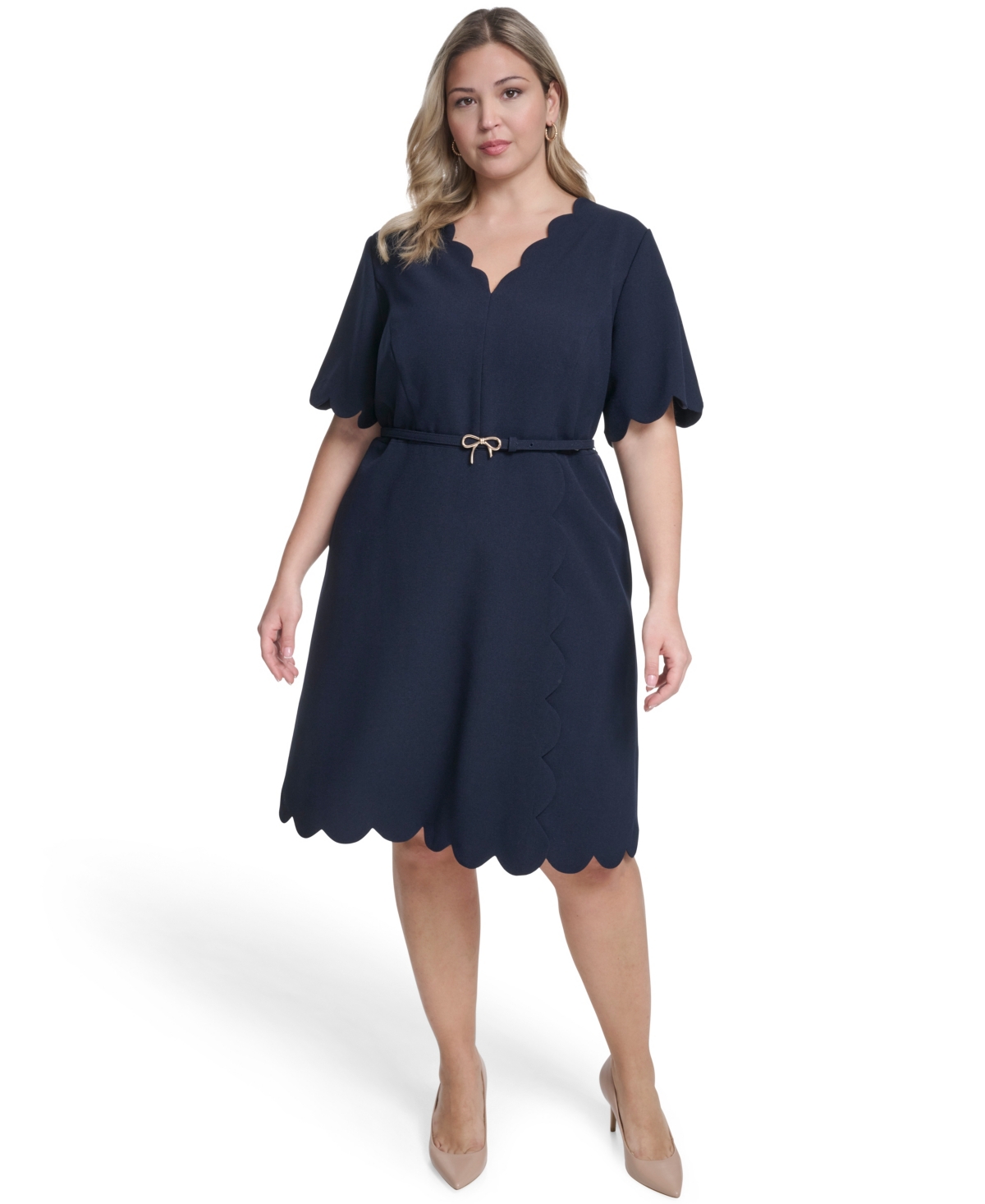 Click here for Eliza J Plus Size Scalloped Hem V-Neck Dress - Nav... prices