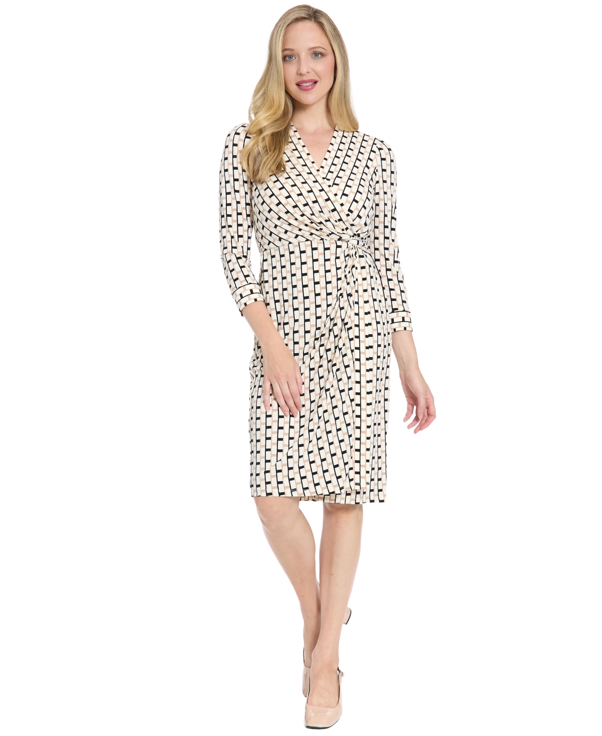 Click here for London Times Petite Faux Wrap Midi Dress - Black/C... prices