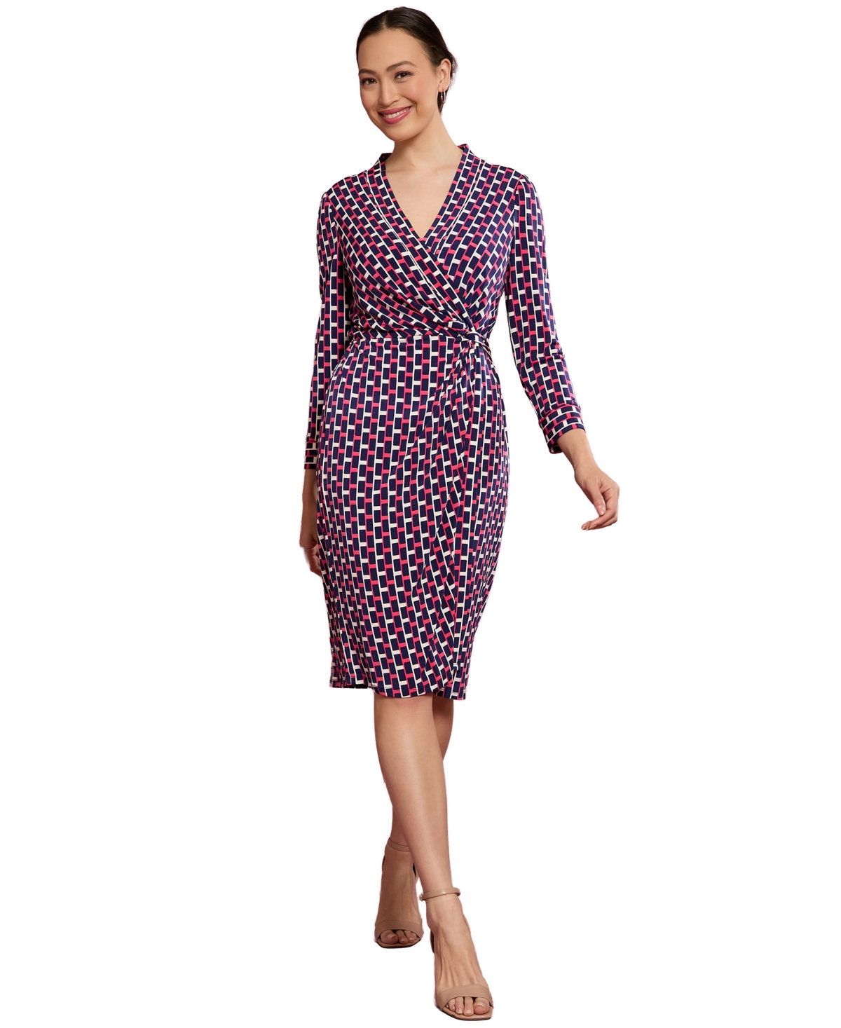 Click here for London Times Petite Faux Wrap Midi Dress - Pink/Na... prices