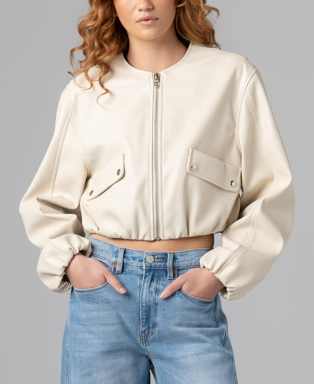 Click here for Blank Nyc Womens Collarless Bomber Jacket - Beige prices
