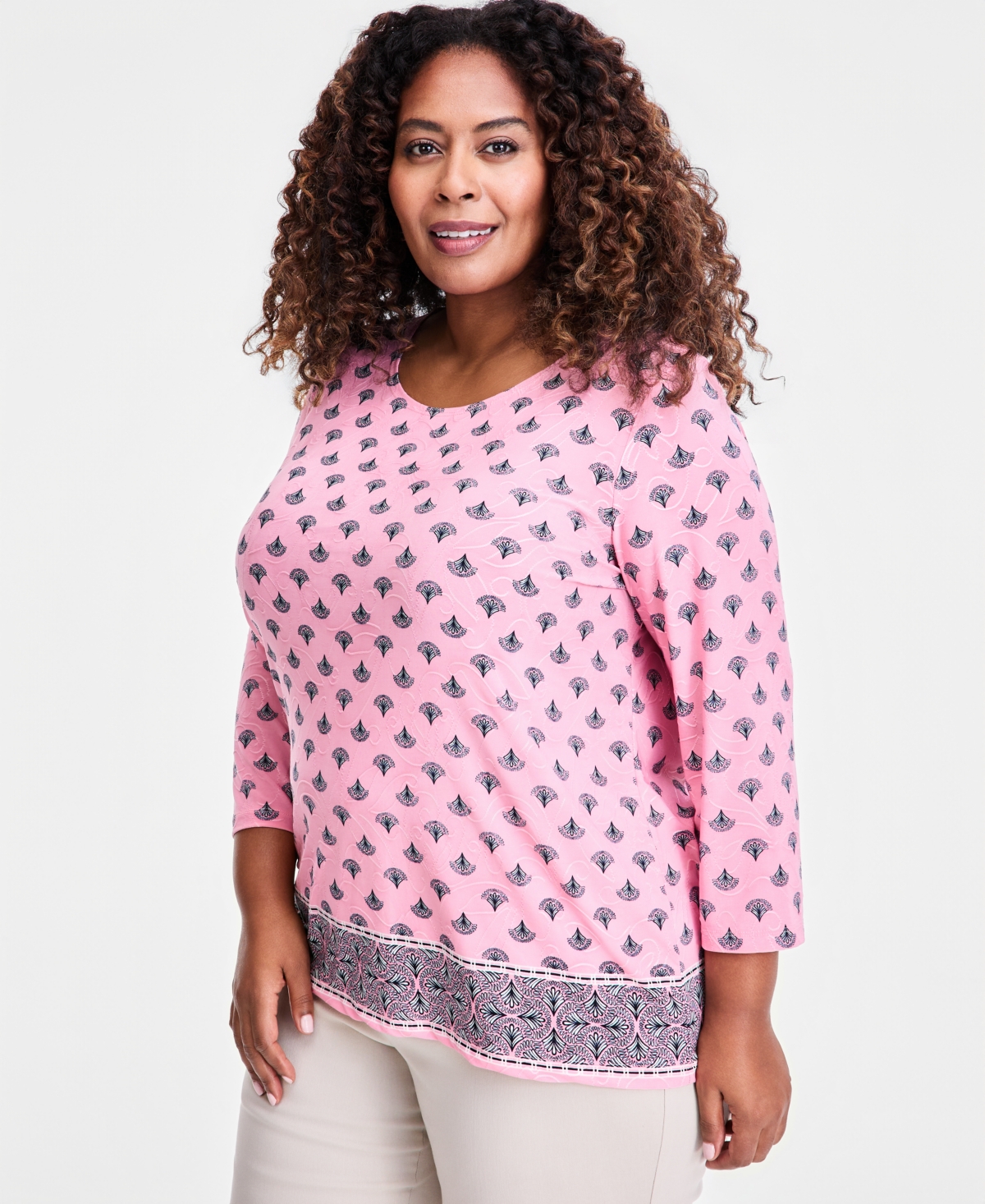 Click here for Jm Collection Plus Size Printed Jacquard 3/4-Sleev... prices