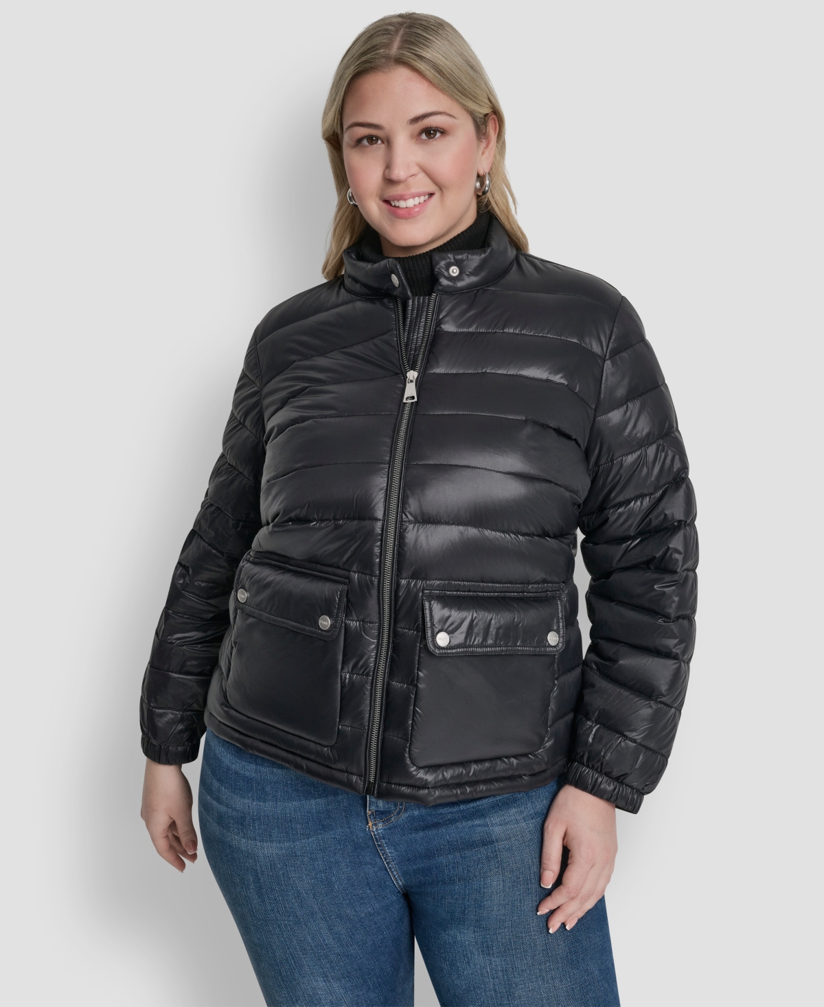 Click here for Dkny Plus Size Moto Collar Short Packable Coat - B... prices