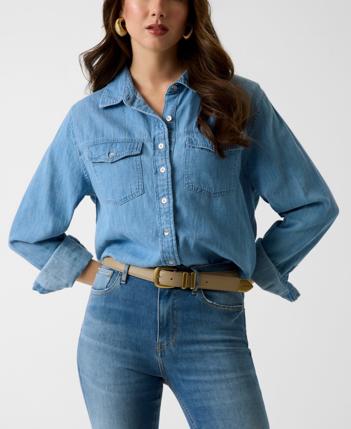 Click here for Guess Juniors Long-Sleeve Collared Denim Shirt - C... prices