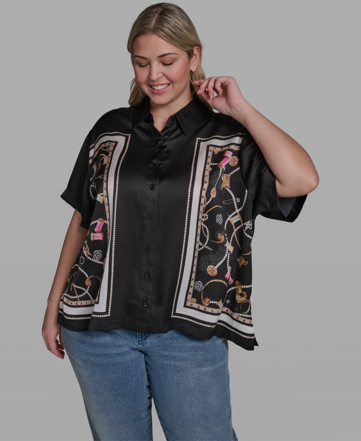 Click here for Karl Lagerfeld Paris Plus Size Printed Collared Sh... prices