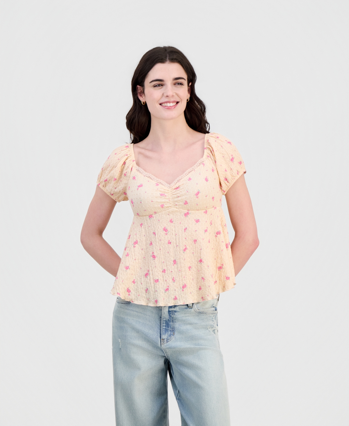 Click here for Hippie Rose Juniors Puff-Sleeve Peplum Top - Belli... prices
