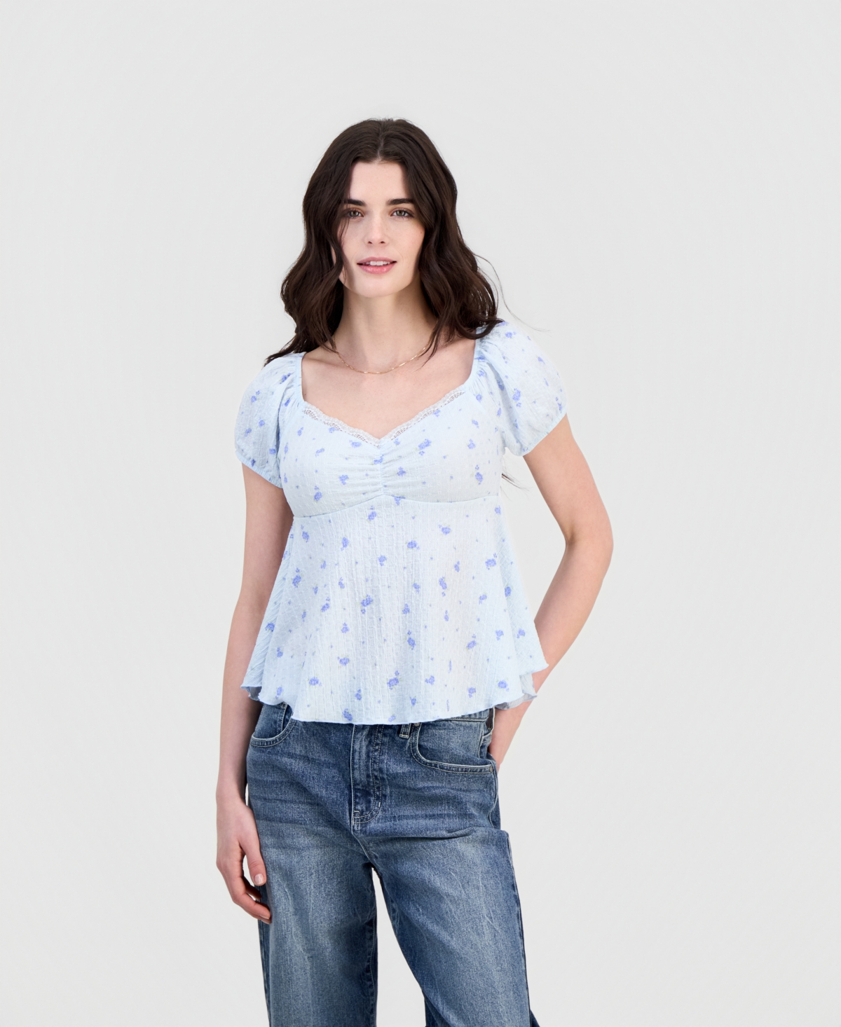 Click here for Hippie Rose Juniors Puff-Sleeve Peplum Top - Blue... prices