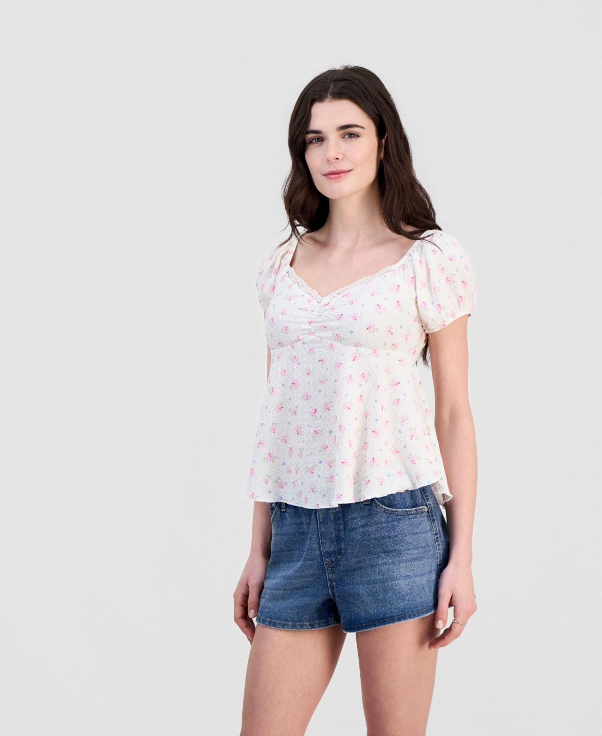 Click here for Hippie Rose Juniors Puff-Sleeve Peplum Top - Cream... prices