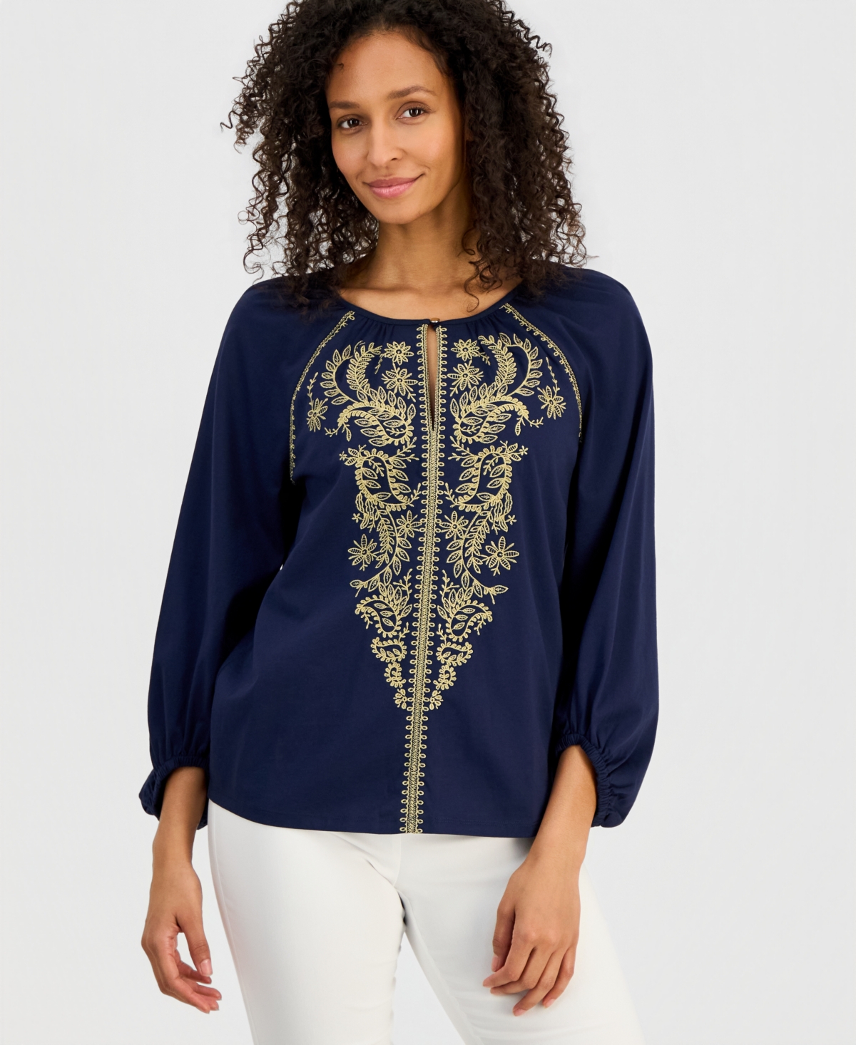 Click here for Jm Collection Womens Cotton Embroidered 3/4-Sleeve... prices