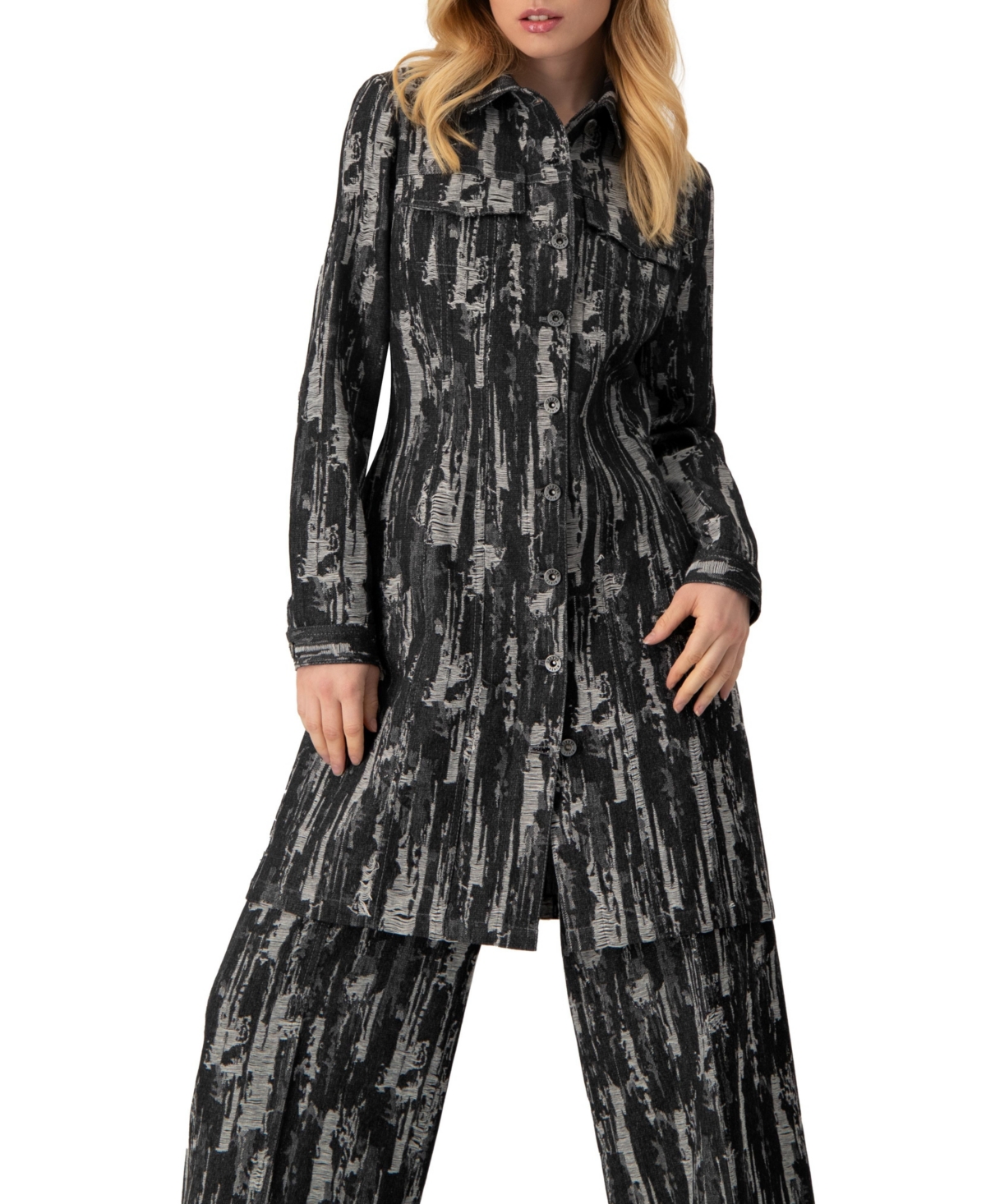 Click here for Ivonne Womens Abstract Denim Long Jacket - Black prices
