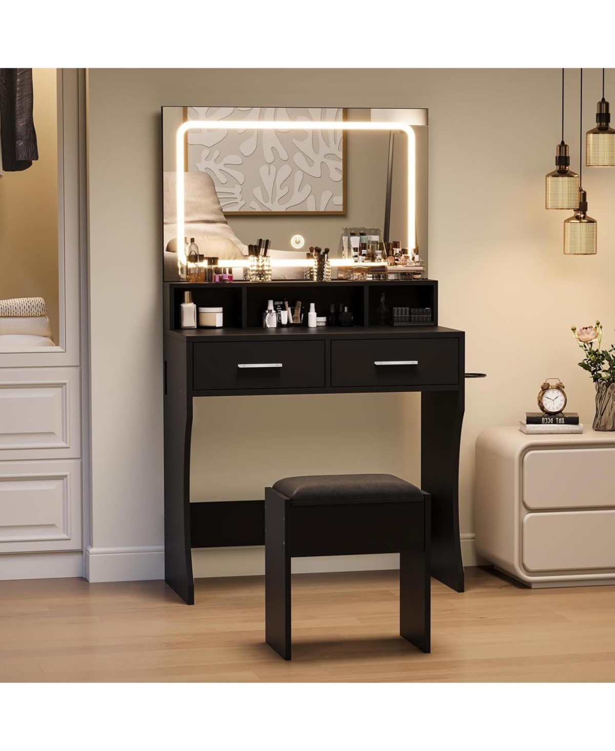 Click here for Gaomon Black 2-Drawer Lighted Mirror Vanity  Compa... prices