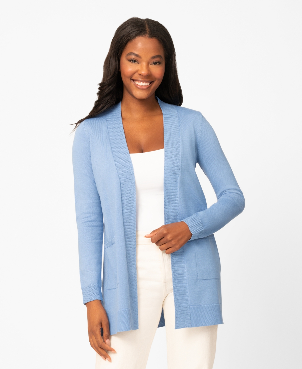 Click here for Melissa Paige Petite Cable Trim Open Front Cardiga... prices