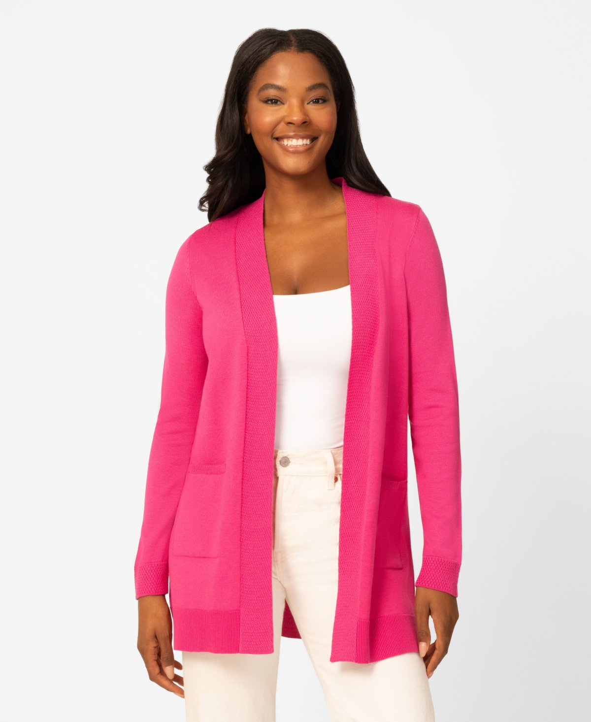 Click here for Melissa Paige Petite Cable Trim Open Front Cardiga... prices
