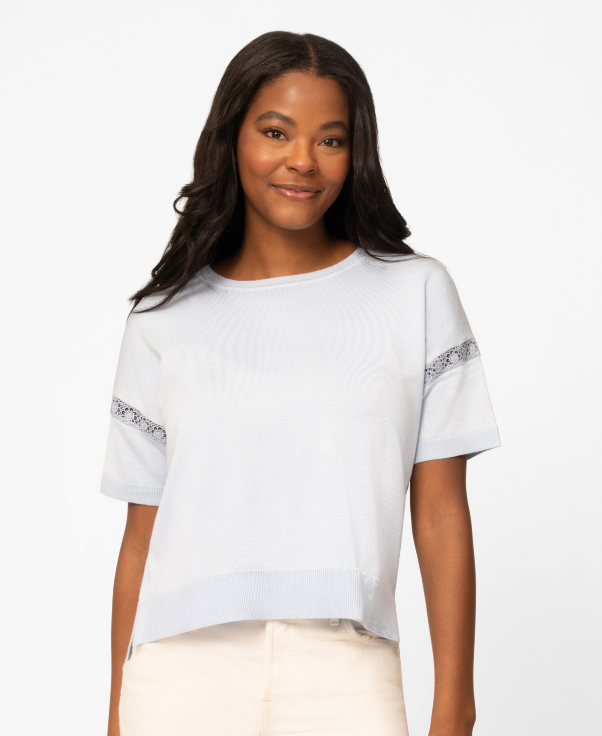 Melissa Paige Womens Lace-Inset Short-Sleeve Sweater - Heather