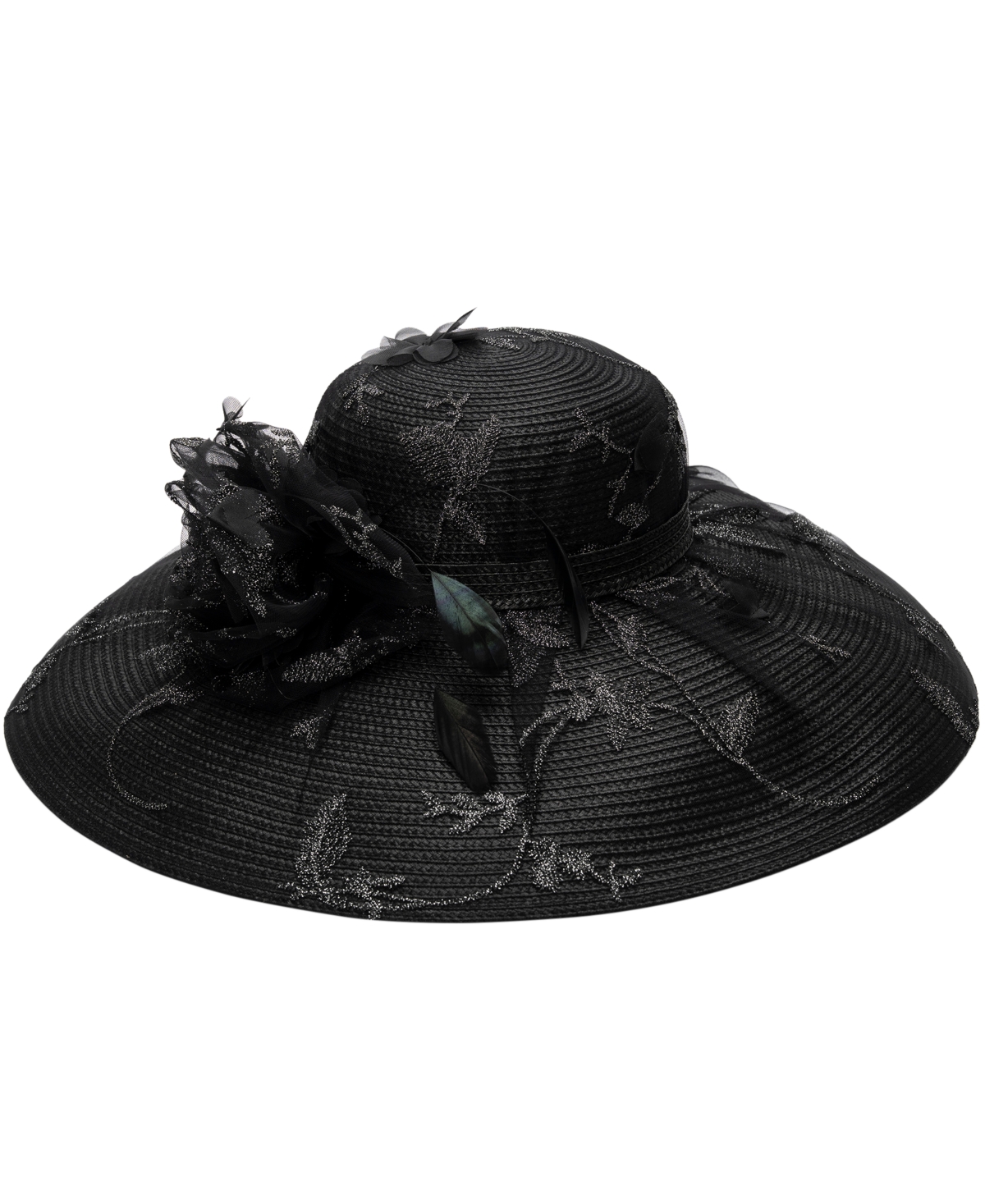Click here for Butterfly Sheer Overlay Widebrim Hat - Black prices