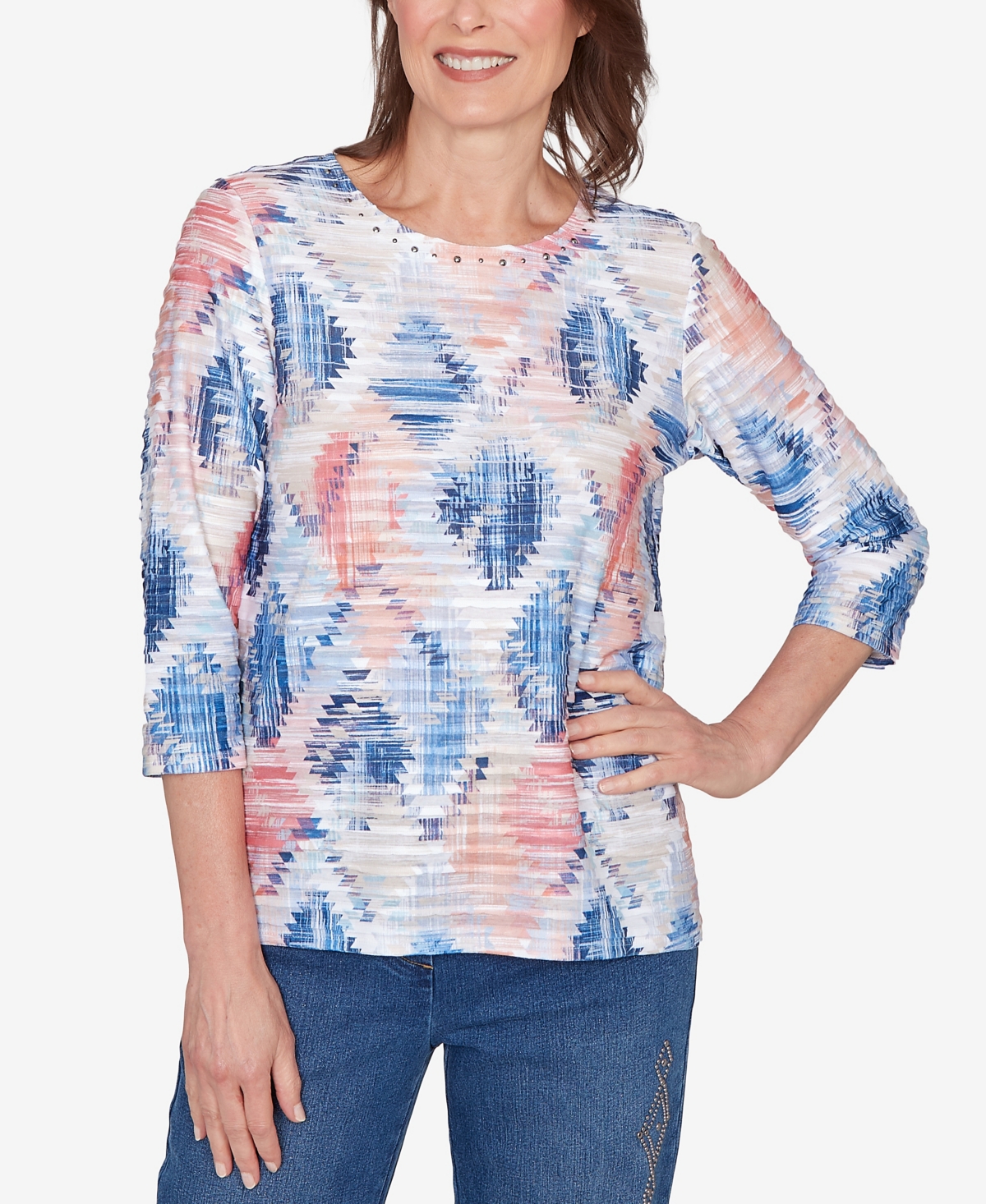 Click here for Alfred Dunner Petite Austin Aztec Diamond Knit Top... prices
