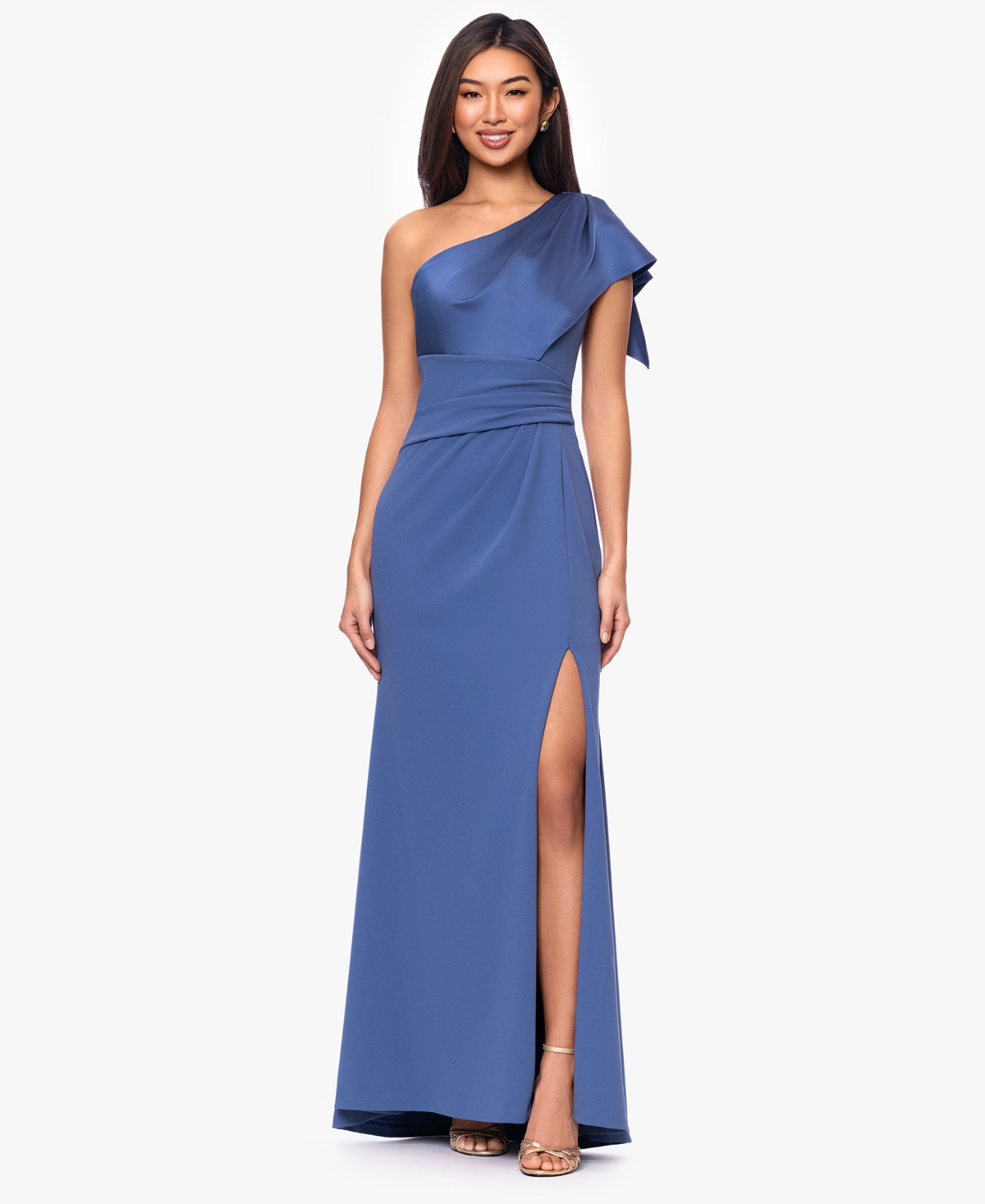 Click here for Betsy & Adam womens One-shoulder Ruched gown - Sla... prices