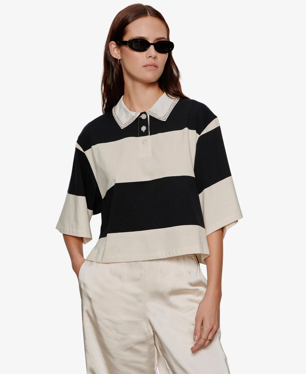 Click here for Sanctuary Womens Semi Crop Embellished Collared Po... prices