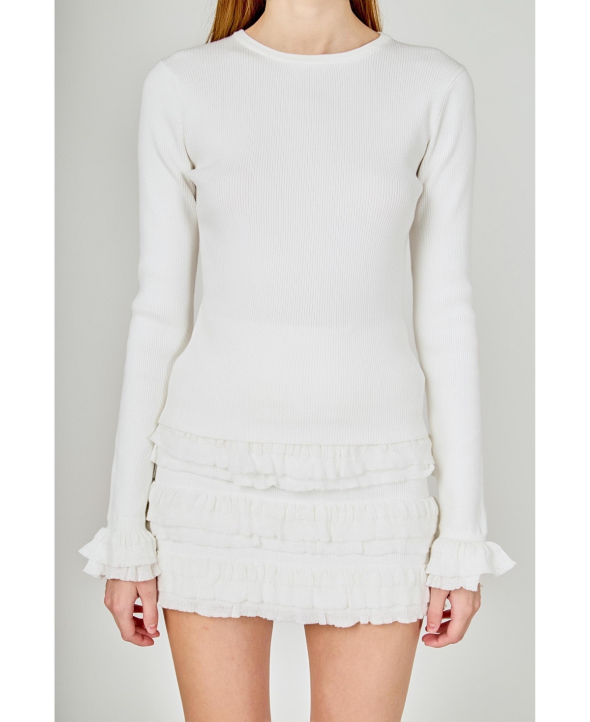 Click here for endless rose Womens Ruffled Cuff Knit Top - White prices