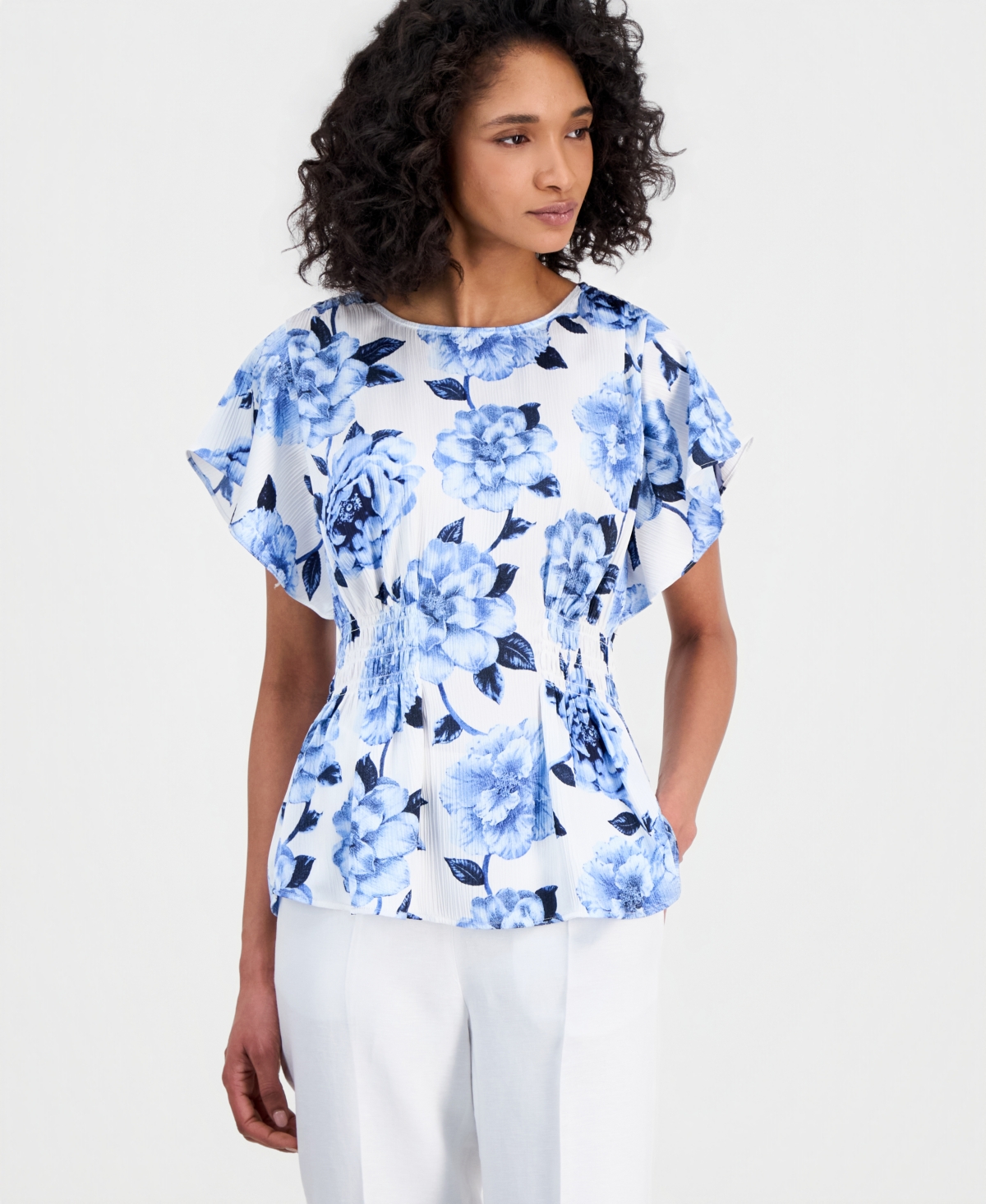 Click here for Anne Klein Womens Flutter-Sleeve Smocked-Waist Flo... prices