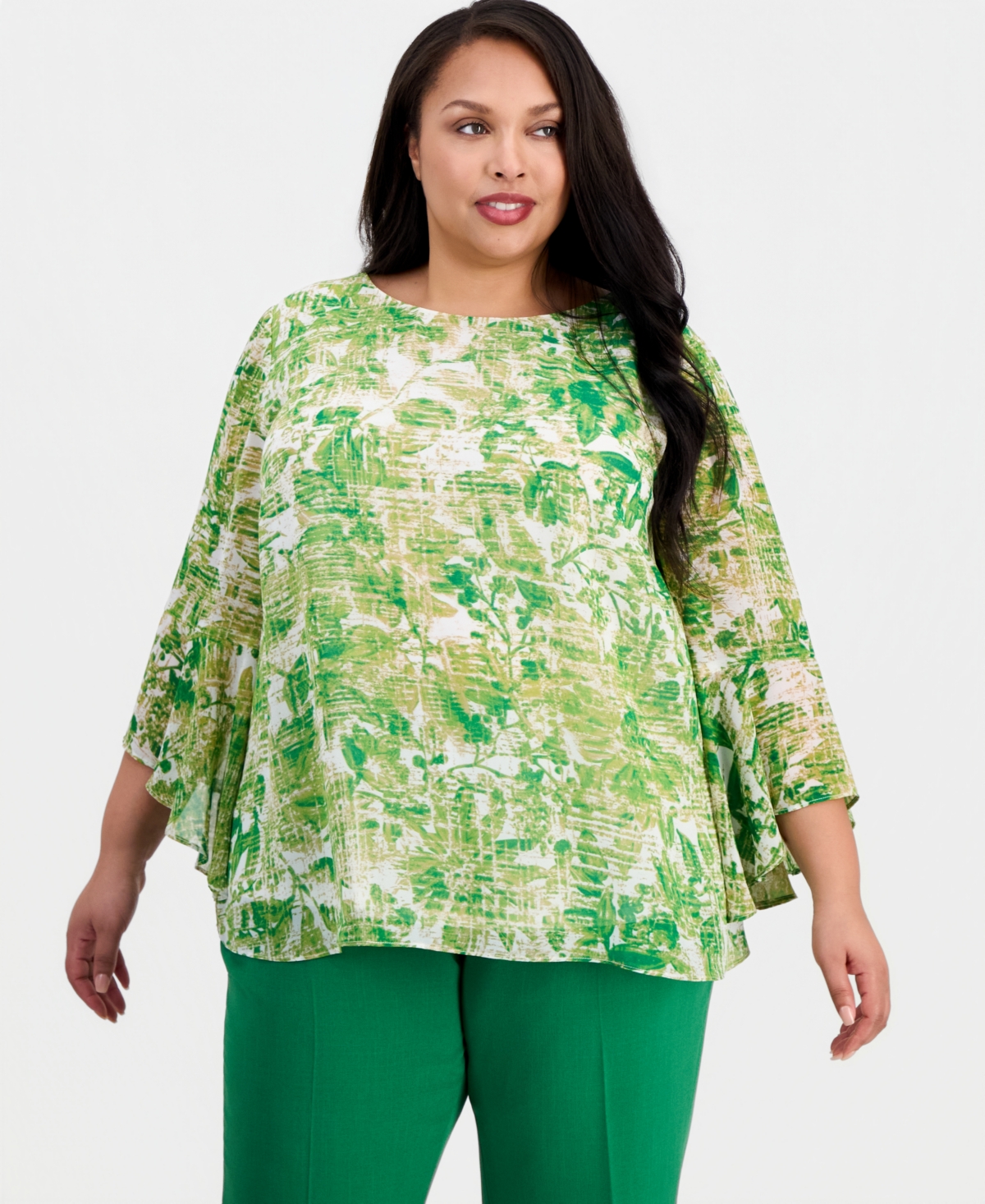 Click here for Kasper Plus Size Printed Boat-Neck Ruffle-Sleeve B... prices