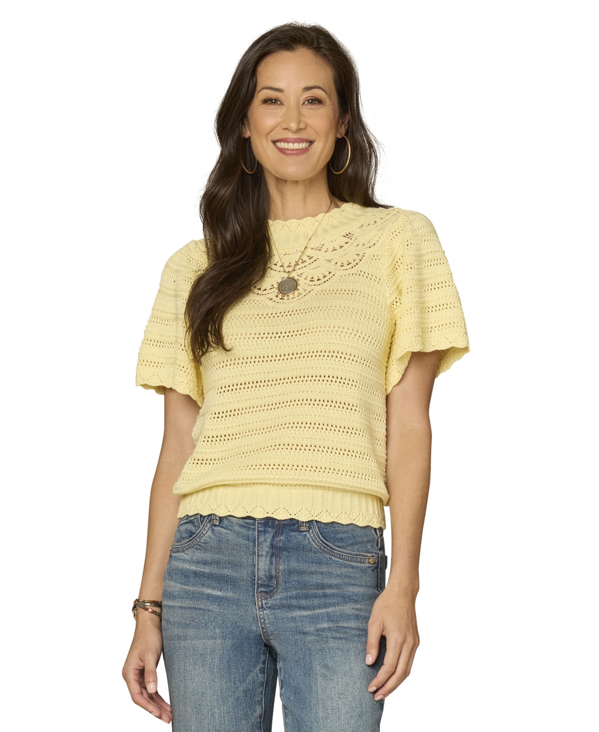 Click here for Democracy Petite Flutter Crochet Yoke Sweater - De... prices