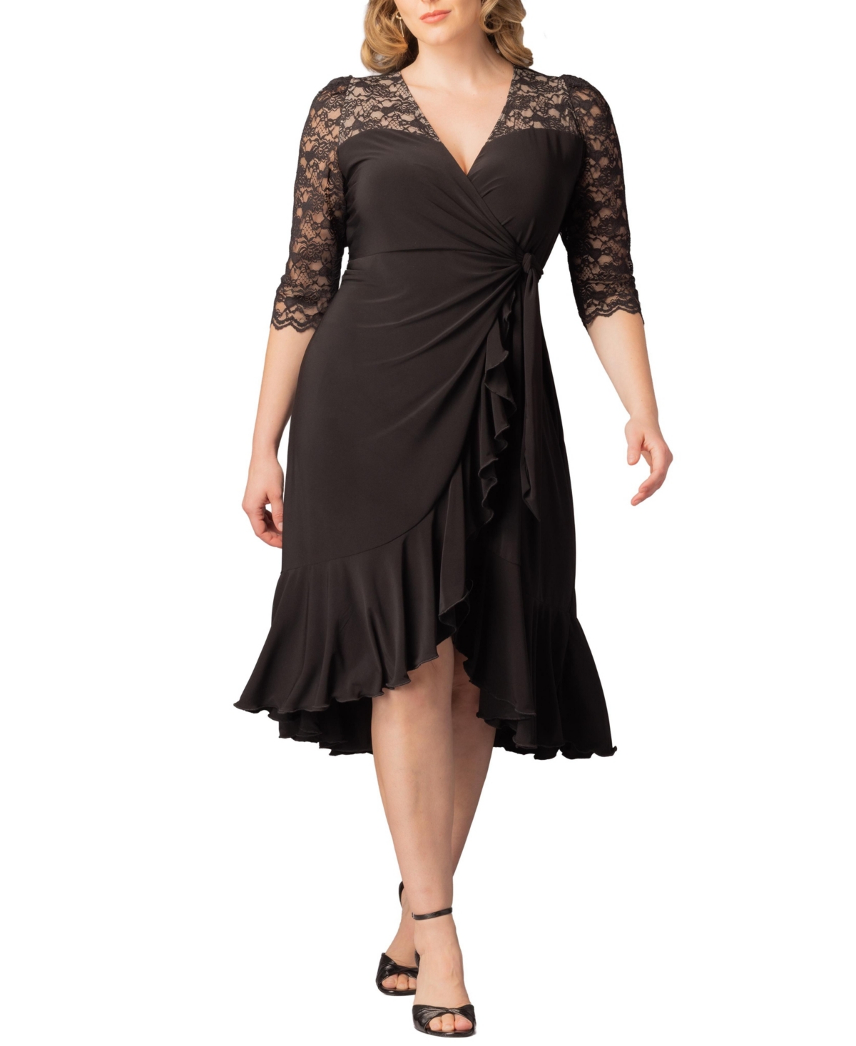 Click here for Kiyonna Plus Size Lavish Lace Wrap Dress - Black n... prices