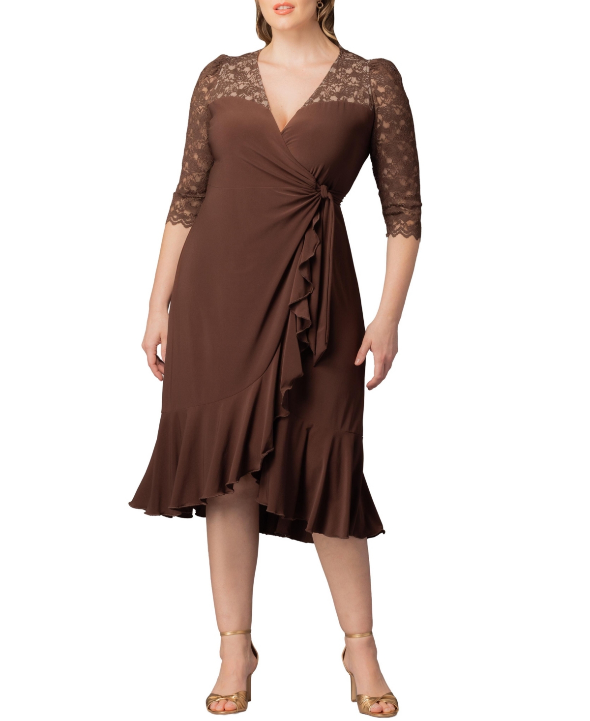 Click here for Kiyonna Plus Size Lavish Lace Wrap Dress - Chocola... prices