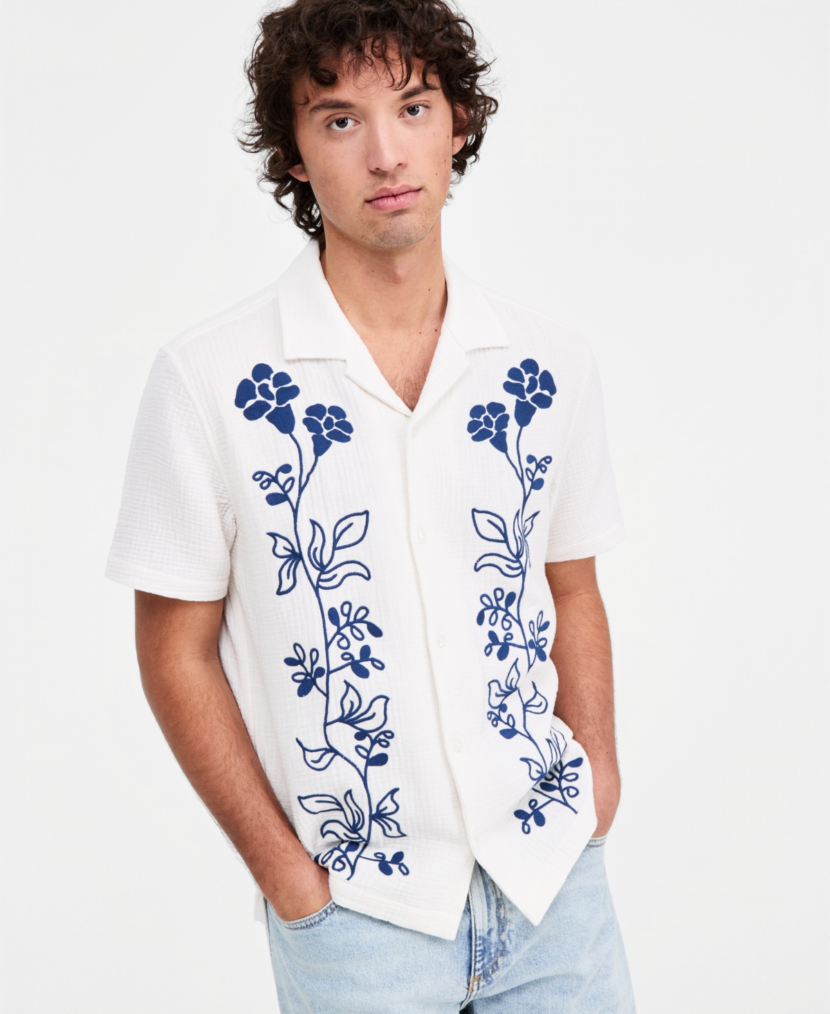Click here for Sun + Stone Mens Floral Embroidered Cotton Camp Sh... prices