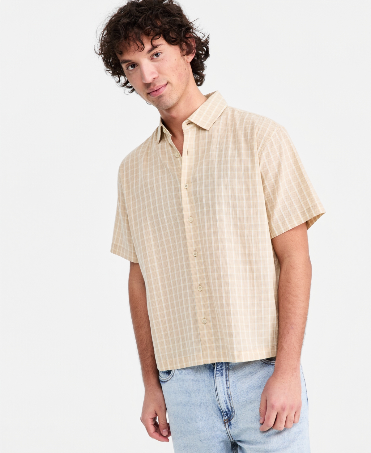 Click here for Sun + Stone Mens Relaxed Crop Nolan Plaid Shirt  M... prices