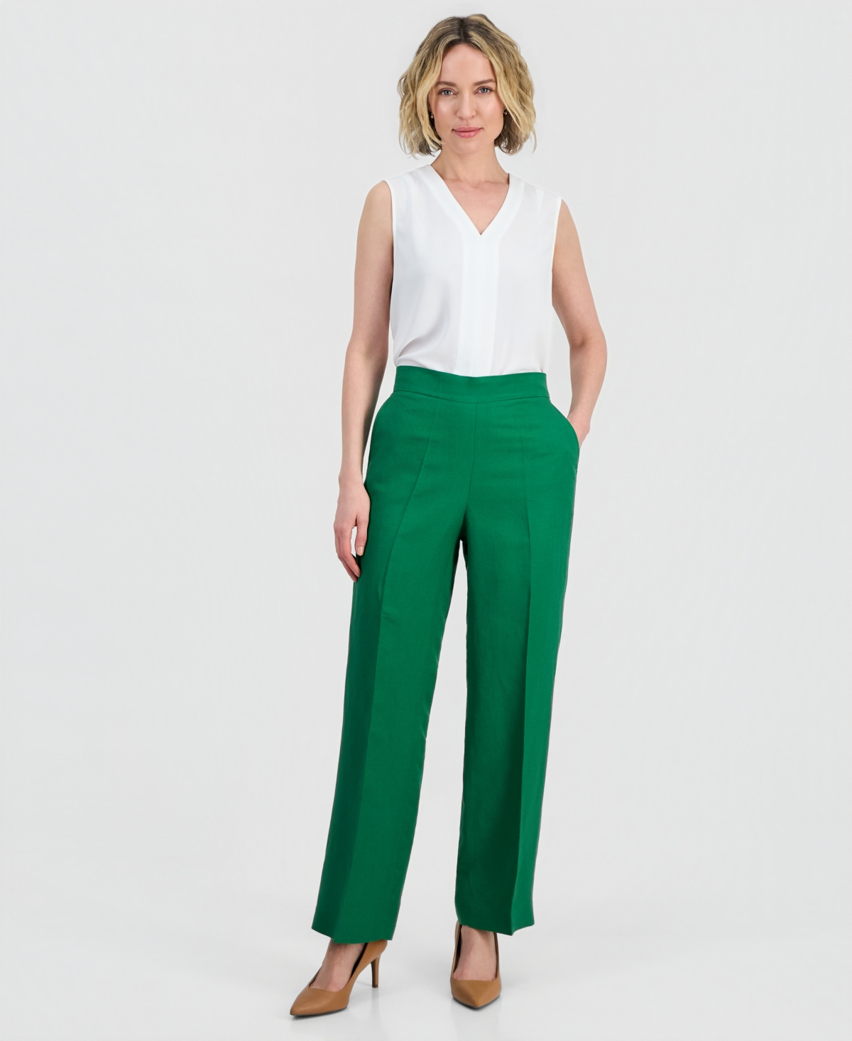 Click here for Kasper Womens Linen-Blend Pull-On Pants - Lush Gre... prices
