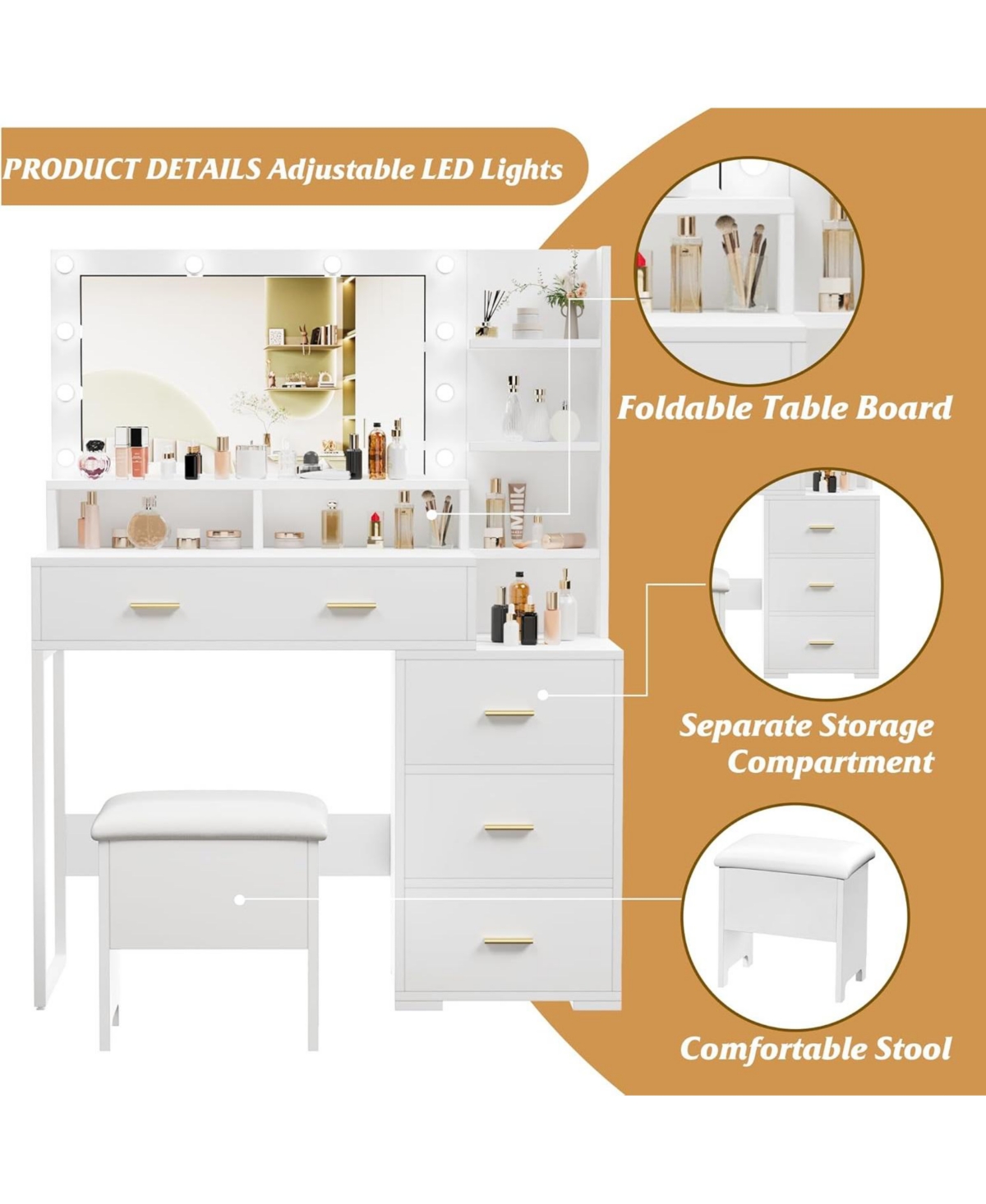 Click here for Gaomon Vanity Desk with Mirror & Lights - Foldable... prices