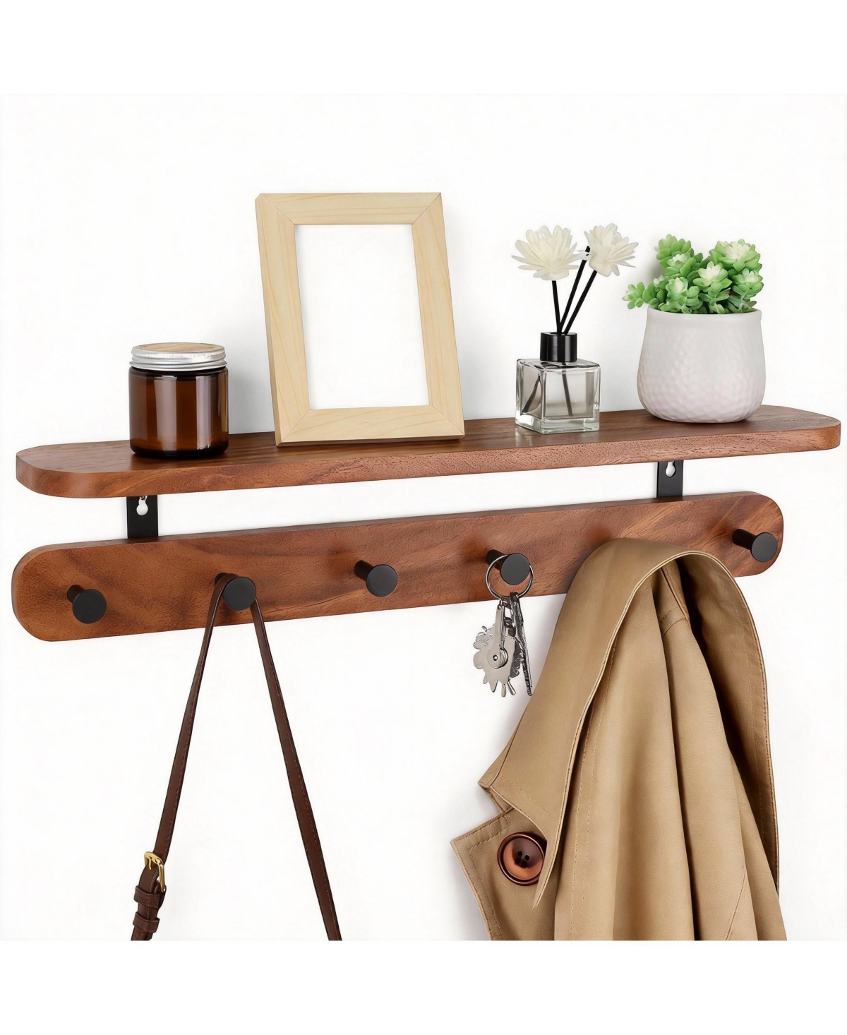Click here for Yigii Walnut Wood Shelf & Hooks Organizer for Entr... prices