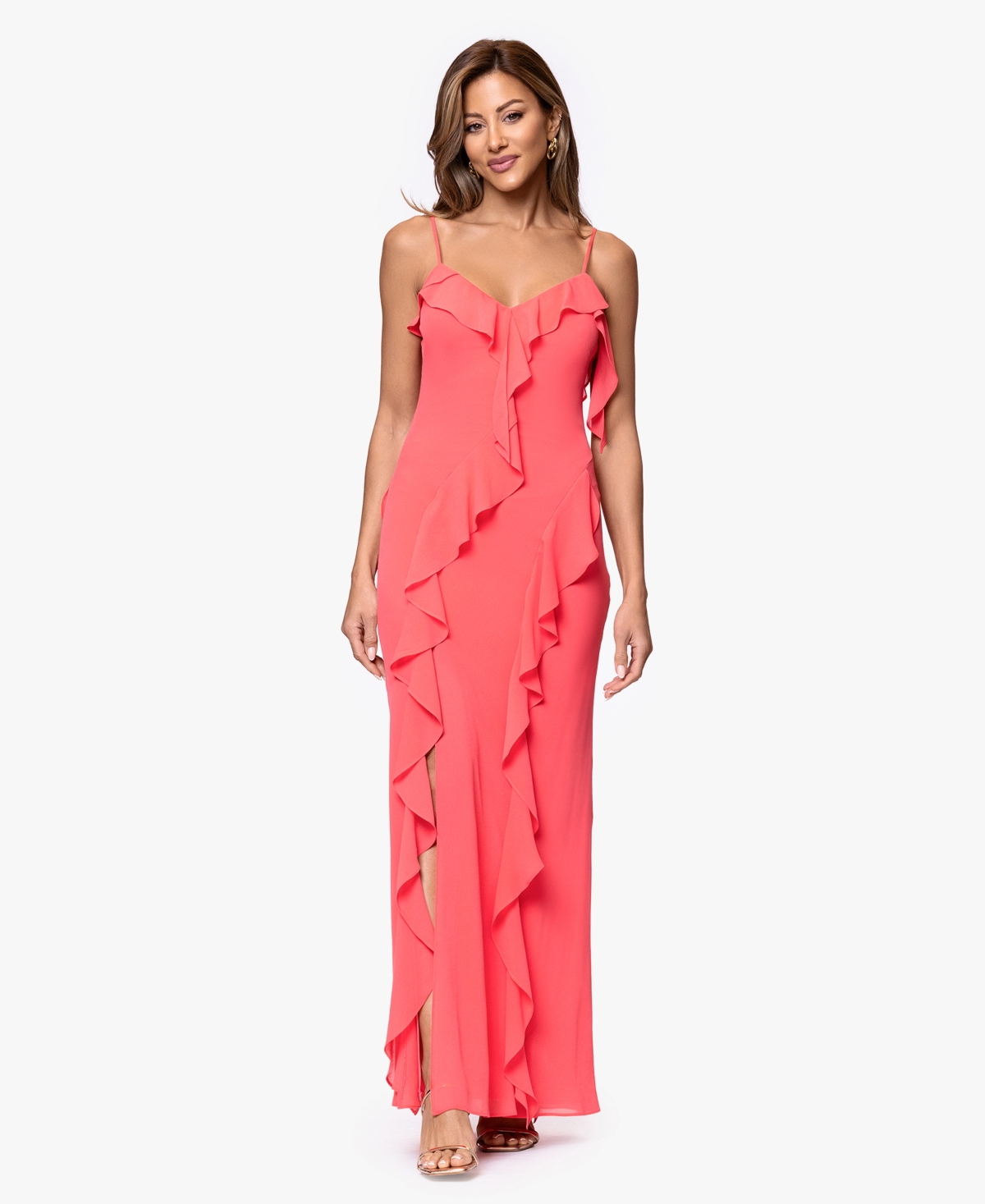 Click here for Xscape Womens Ruffle Detail Maxi Dress - Coral prices