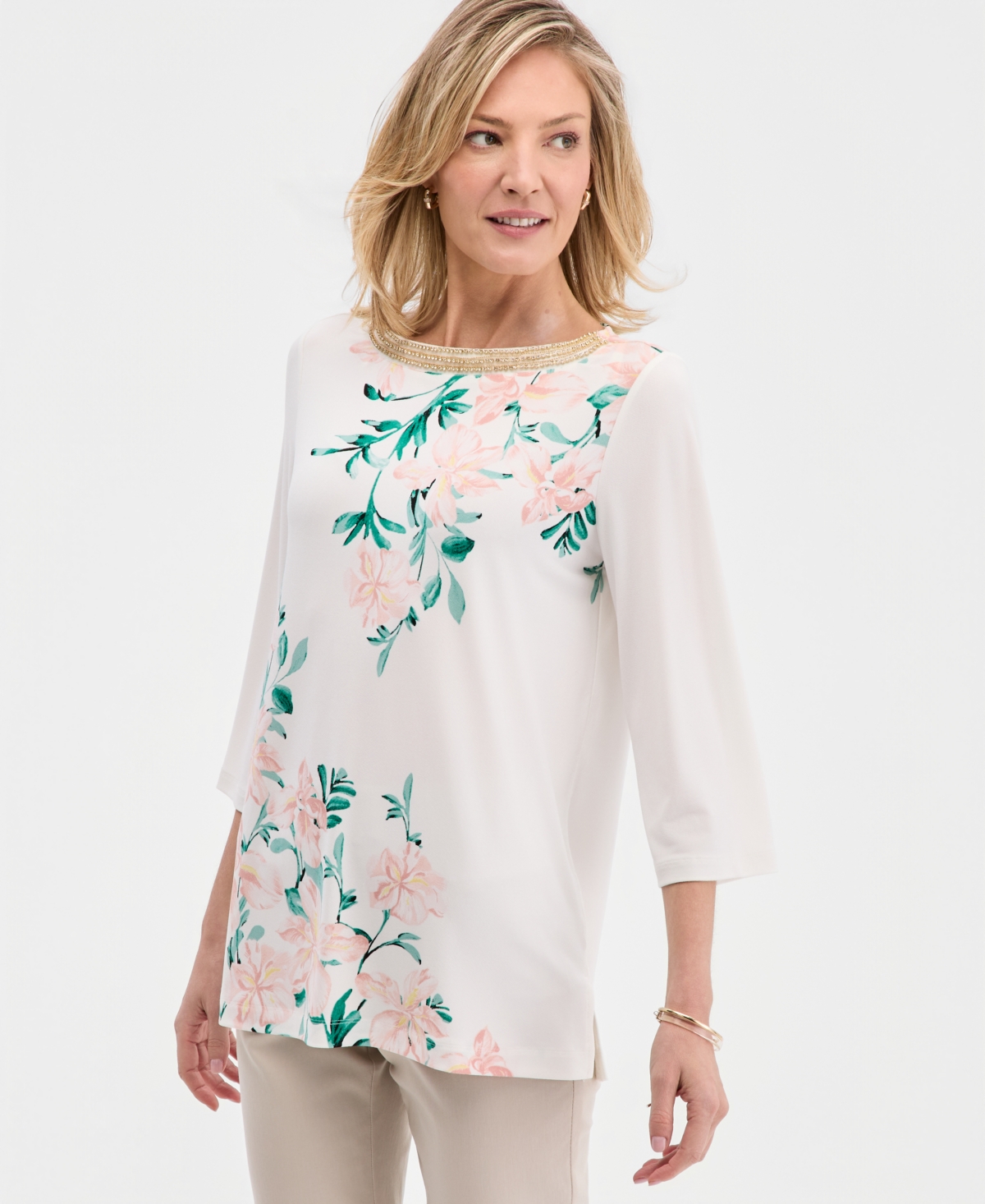 Click here for Jm Collection Womens Printed Embellished 3/4-Sleev... prices