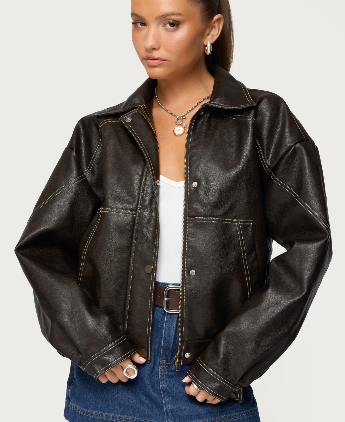 Click here for Edikted Womens Jaxson Oversized Faux Leather Bombe... prices