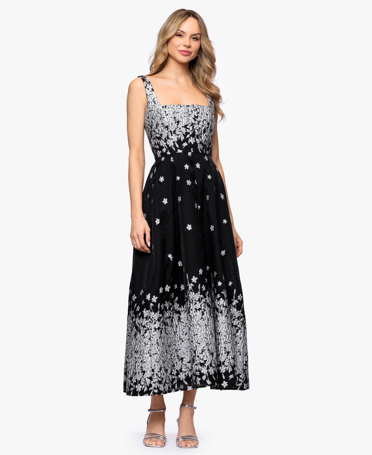 Click here for Betsy & Adam Womens Square Neck Dress - SILVER/BLA... prices