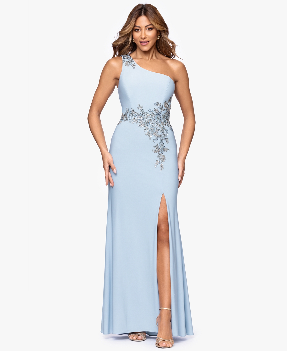 Click here for Xscape Petite One-Shoulder Applique Ball Gown - Bl... prices