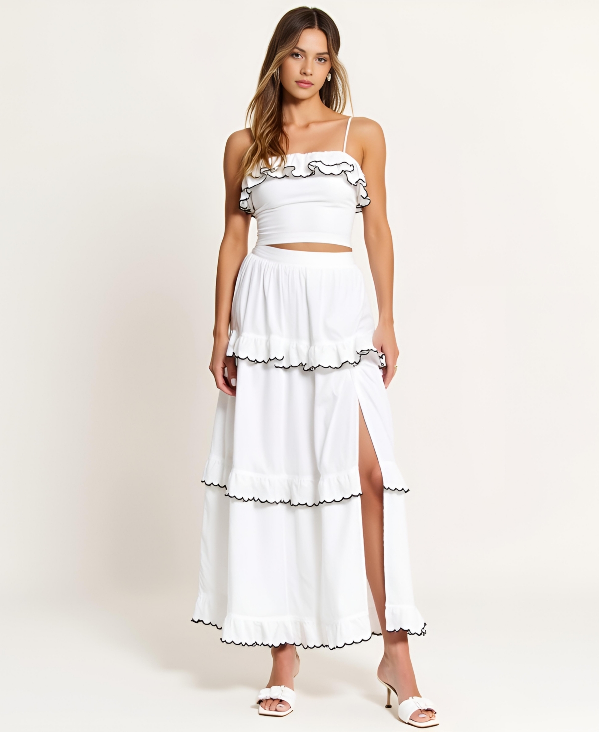 Click here for Modenaire Womens Ruffle Trim Cropped Top and High-... prices