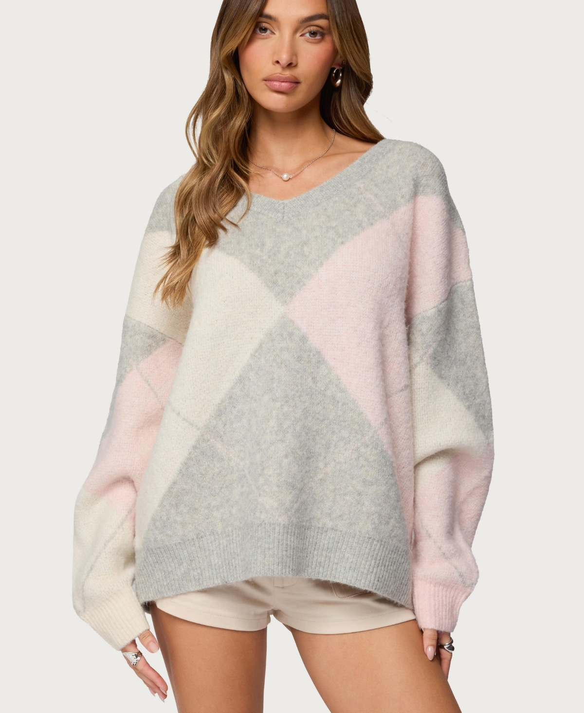 Click here for Edikted Womens Elda Oversized Argyle Sweater - Lig... prices