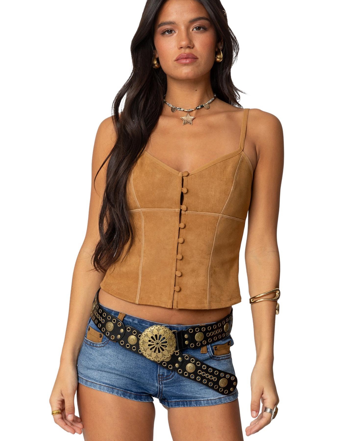 Click here for Edikted Womens Tori Faux Suede Button Up Top - Tan prices