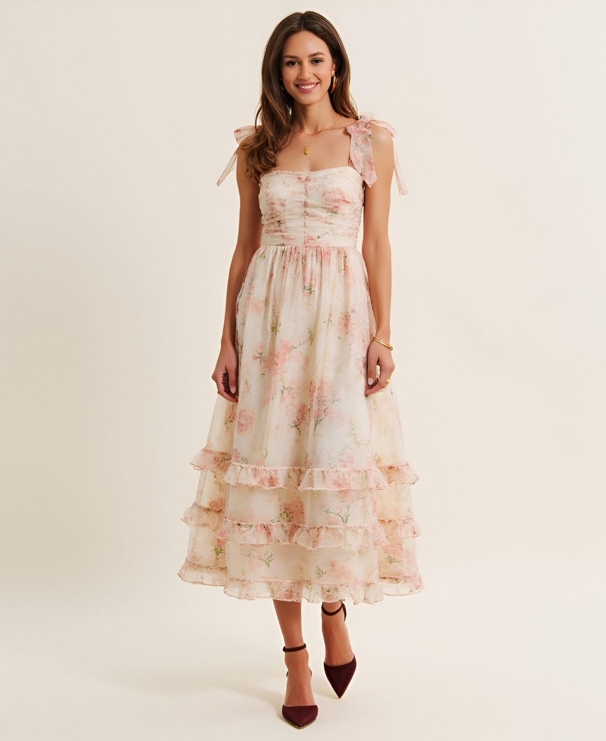 Click here for Modenaire Womens Floral Tiered Ruched Bodice Tie-S... prices