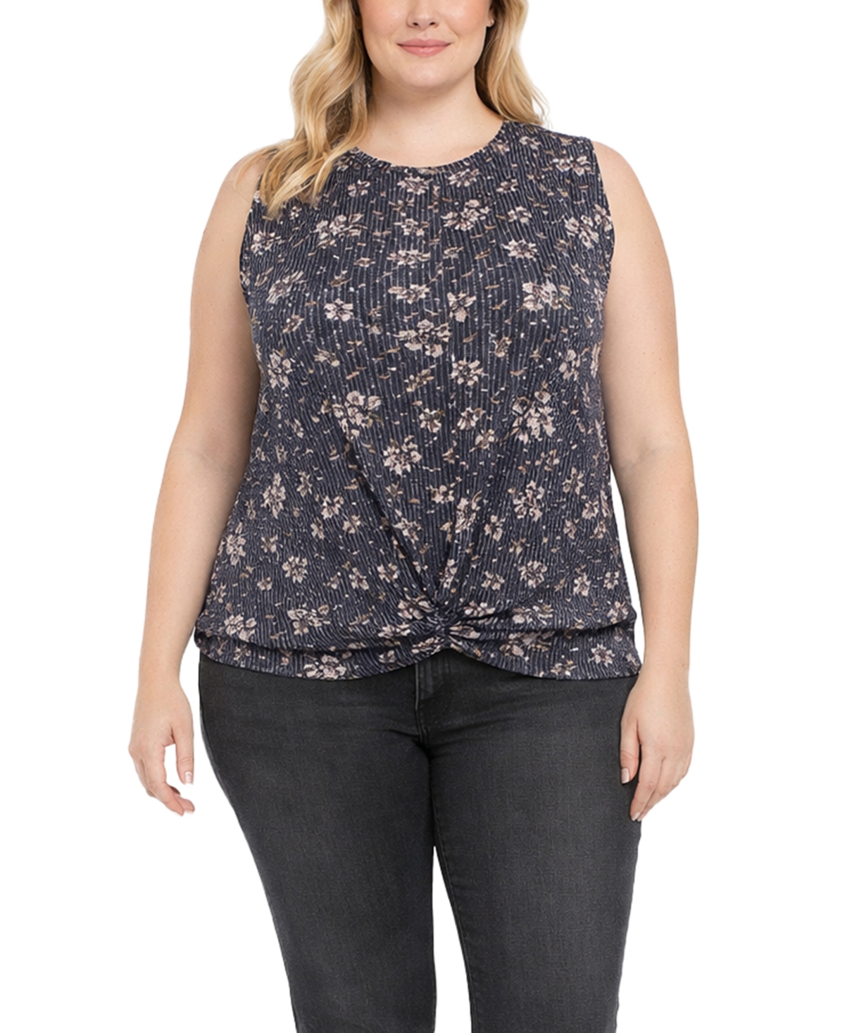 Click here for Coin 1804 Plus Size Boho Floral Rib Twist Tank - N... prices